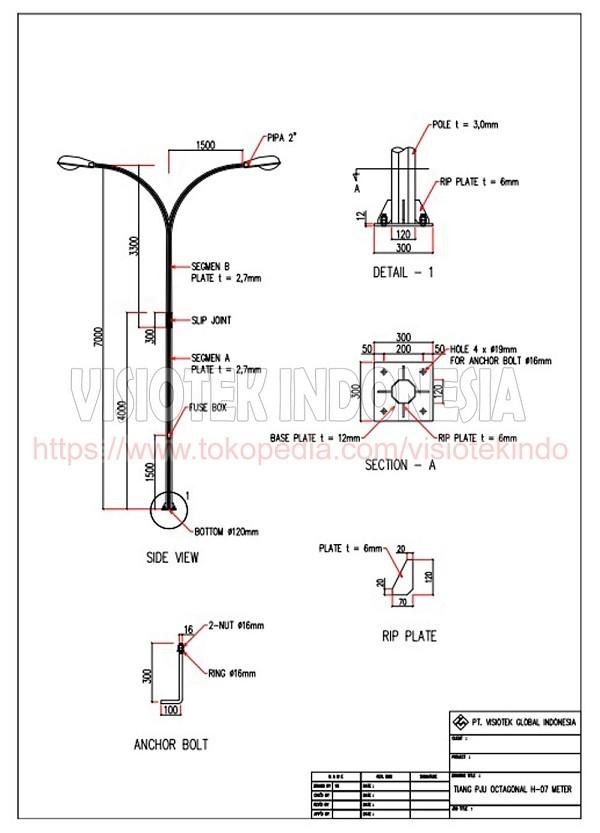 Jual Tiang PJU Oktagonal Tiang Lampu Double Arm 7 Meter Dot Dip Galvan ...