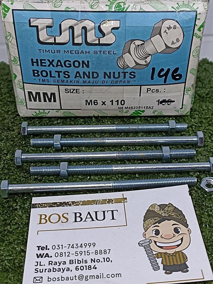Jual Baut Mur Besi Baut Mur Hexagon Besi M6X110 Putih P1.0 (Kunci 10 ...
