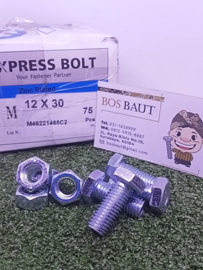 Jual Baut Mur Besi, Baut Mur Hexagon Besi M12X30 Putih P1.75 (Kunci 19 ...
