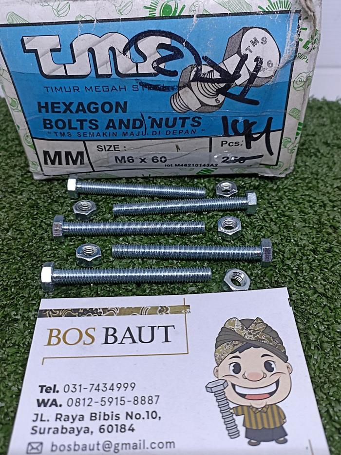 Jual Baut Mur Besi Baut Mur Hexagon Besi M6X60 Putih P1.0 (Kunci 10 ...
