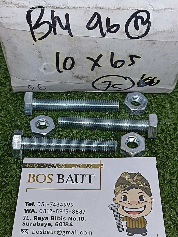 Jual Baut Mur Besi, Baut Mur Hexagon Besi M10X65 Putih P1.5 (Kunci 17 ...