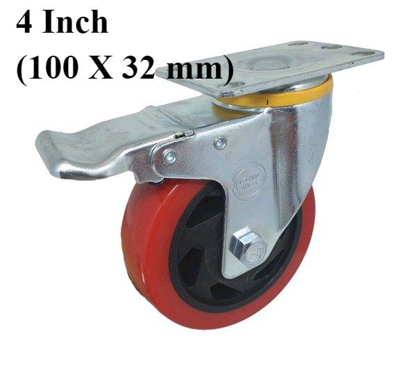 Jual Roda Troli PU 4 inch 100 X 32 mm Medium CASTER Taiwan Plat Rem ...