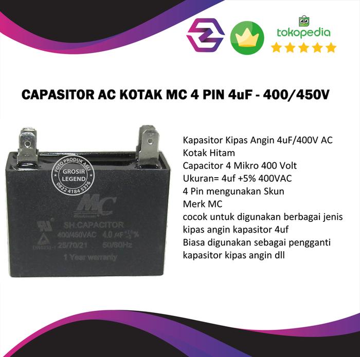 Jual KAPASITOR CAPASITOR AC KOTAK MC 4 PIN 4uF - 400/450V - Kab. Banyumas - GROSIR LEGEND ...