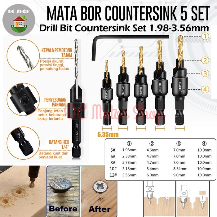 Jual Mata Bor Drill Bit Countersink Set 5 Pcs HSS 1.98-3.56mm Chamfer ...