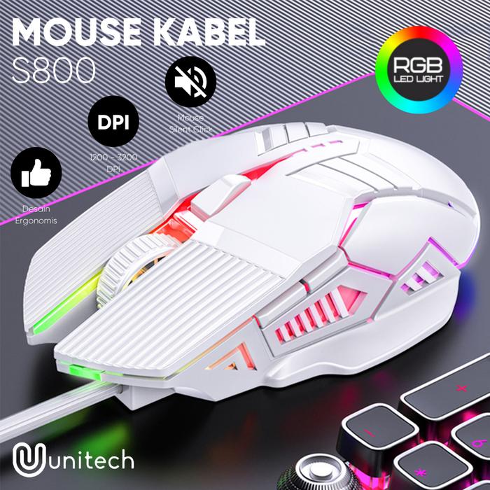 Promo Mouse Gaming Kabel Unitech RGB LED Silent Click 3200 DPI S800 ...