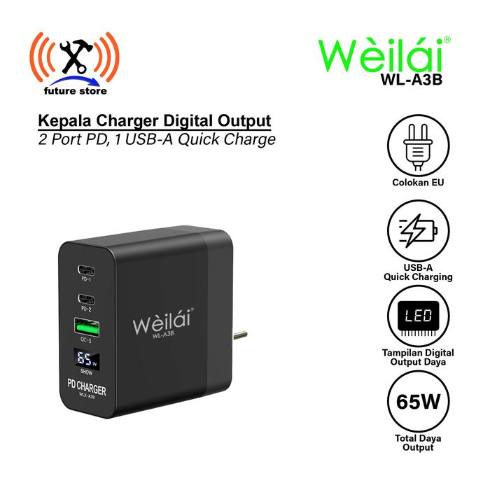 Promo Weilai WL-A3B Fast Charger Dock Digital Display 65w 3 port PD+QC ...