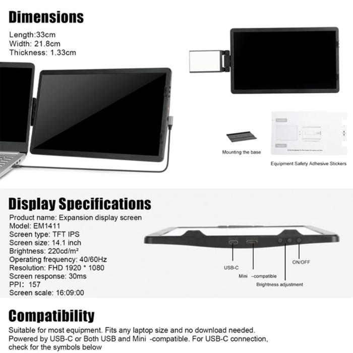 Jual Em1411 14.1 Inch Laptop Screen Extender Attachable Portable ...
