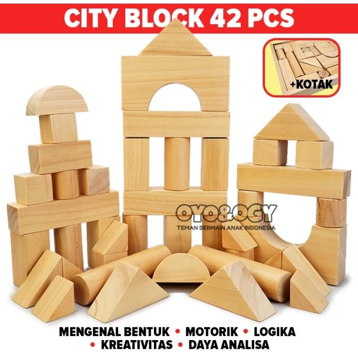 Jual Mainan Anak Edukasi Kayu Balok Bangun City Block Blocks 42 Pcs ...