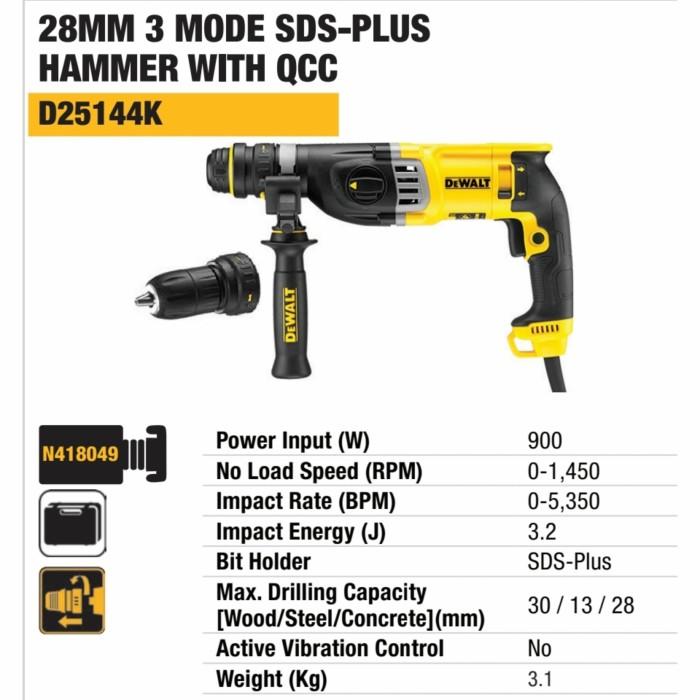 Jual Dewalt D25144K 900Watt 28mm Rotary Hammer with QCC / Bor Beton Li ...