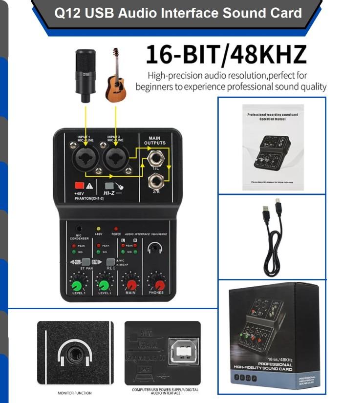 Jual Q12 Usb Audio Interface 48V Phantom Power Sound Card Mixer Mic ...