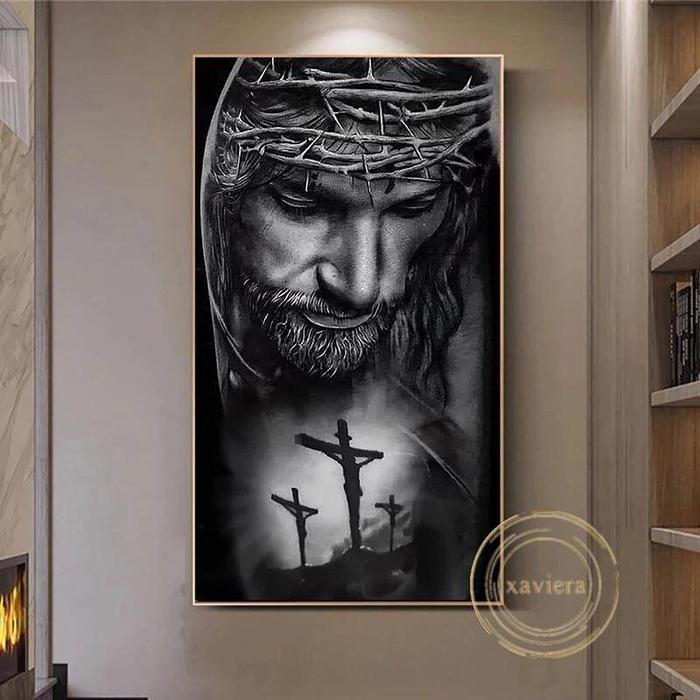 Jual Lukisan Kanvas Potret Yesus Kristus Salib Religius Hitam Putih ...