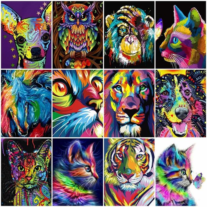 Jual HUACAN DIY Bingkai Lukisan Minyak dengan Angka Kucing Hewan Di ...