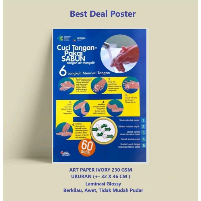 Jual Poster Cuci Tangan | Poster 6 Langkah Cuci Tangan pakai sabun ...