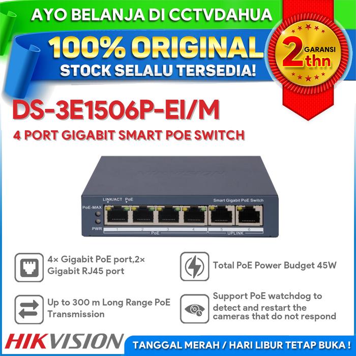 Promo HIKVISION DS-3E1506P-EI/M 4 PORT GIGABIT SMART 45W POE SWITCH ...