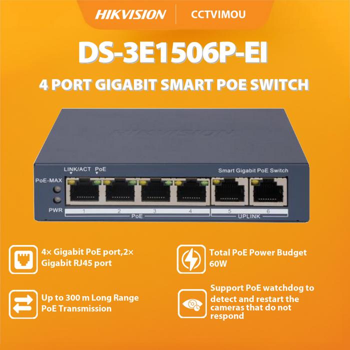 Promo HIKVISION DS-3E1506P-EI 4 PORT GIGABIT SMART 60W POE SWITCH RESMI ...