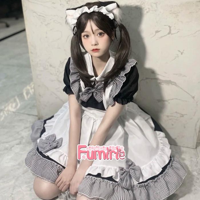 Jual 【Fumirie】Costume Cosplay Maid Lolita Dress Kotak-kotak Hitam Set ...