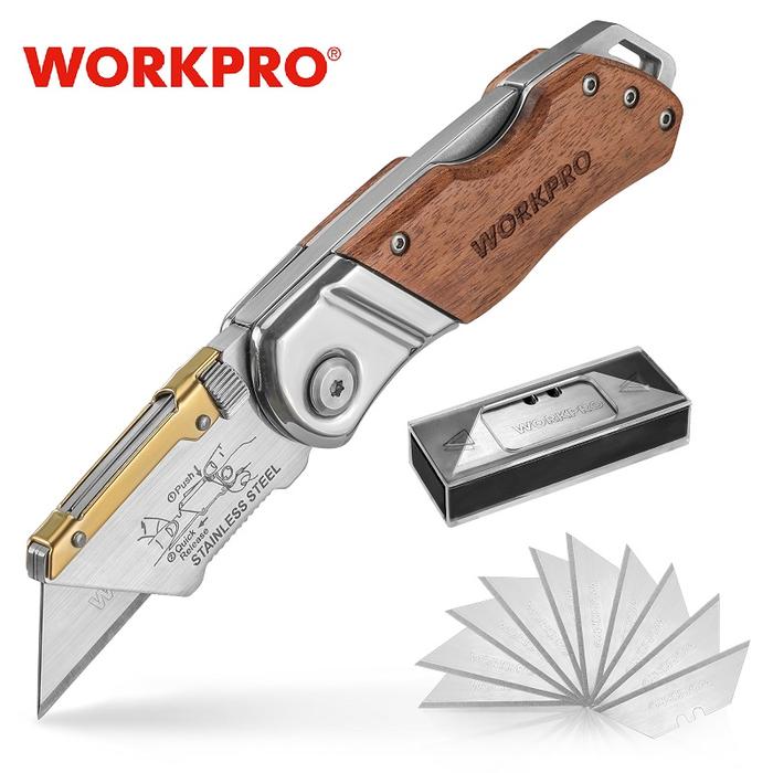 Jual WORKPRO-Utility Knife with Wood Handle, Quick Change Folding Knife ...