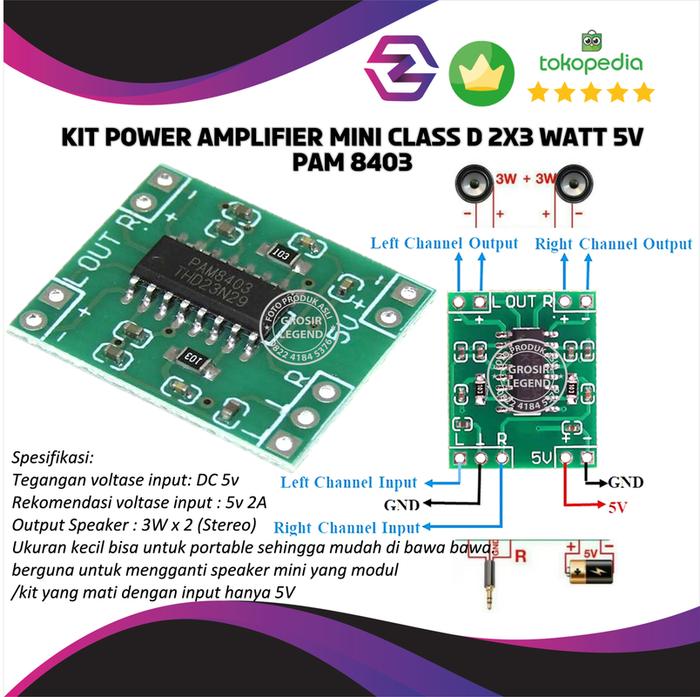 Jual Kit Modul Power Amplifier Digital Mini PAM 8403 2 x 3 watt 5V ...