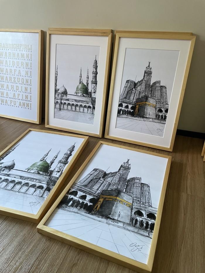 Jual 1 Set 3 Lukisan Sketsa Islami, Kabah, Masjid Nabawi & Masjid Al ...