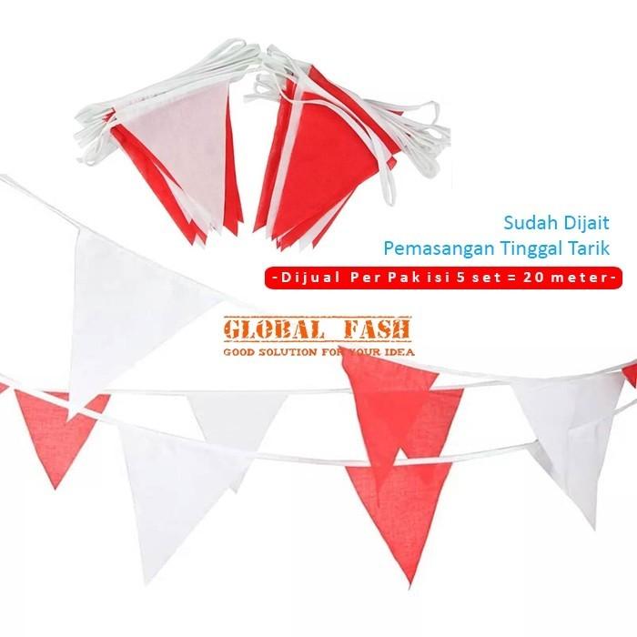 Jual isi 10 set bendera kain polyester segitiga merah putih 40 meter / umbul umbul bendera merah ...