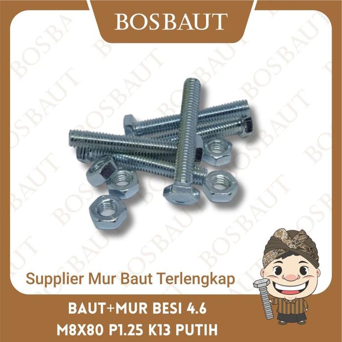 Jual Baut Mur Besi Baut Mur Hexagon Besi M8X80 Putih P1.25 (Kunci 13 ...