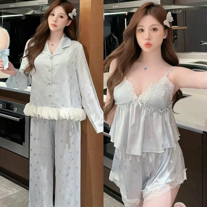 Jual Baju Tidur Piyama Set Wanita Premium Ice Silk BS-9988 Manis Princess French Halus Lengan ...