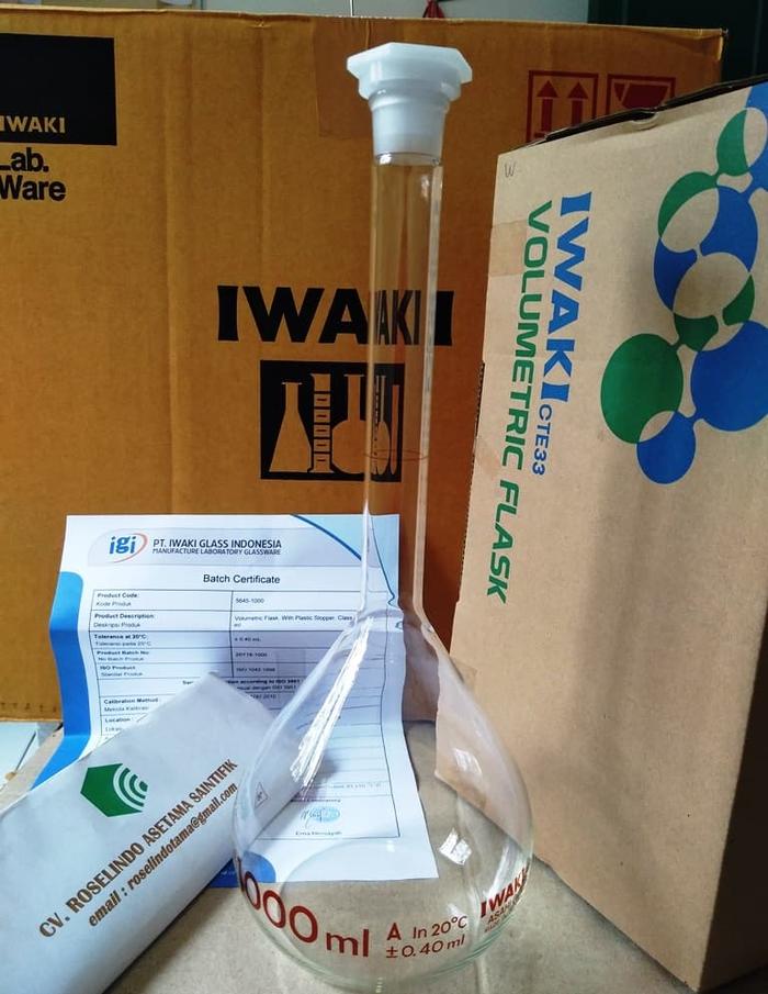 Jual Labu Ukur Clear 1000 ml PP Stopper Volumetric Flask IWAKI ASLI class A - Kab. Bekasi ...