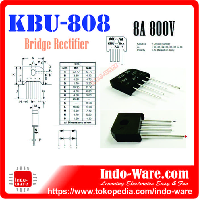 Jual KBU808 KBU-808 KBU 808 Dioda kotak Diode Bridge Rectifier 8A 800V ...