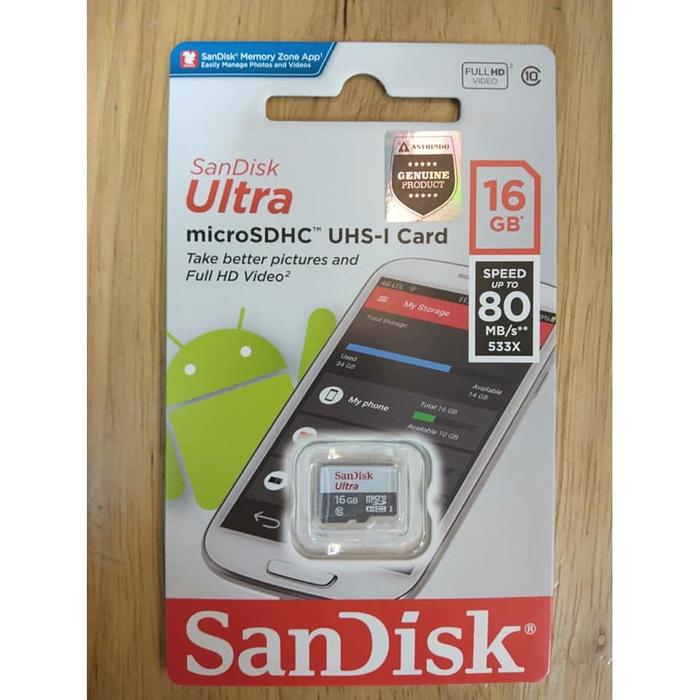 Jual MICROSD SANDISK ULTRA 16GB CL/10 SPEED 80MBPS (NA)ori garansi ...