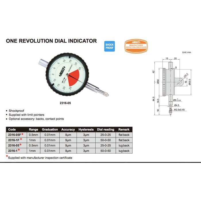 Jual One Revolution Dial Indicator Range 1mm, lug back Insize 2316-1 ...