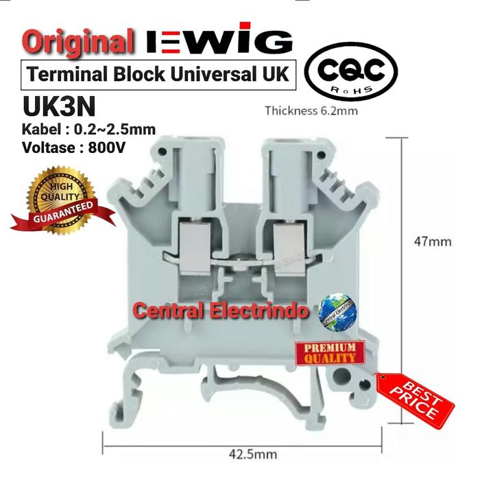 Jual Terminal Block Universal UK3N (0.2~2.5mm) 800V Din Rail EWIG ...