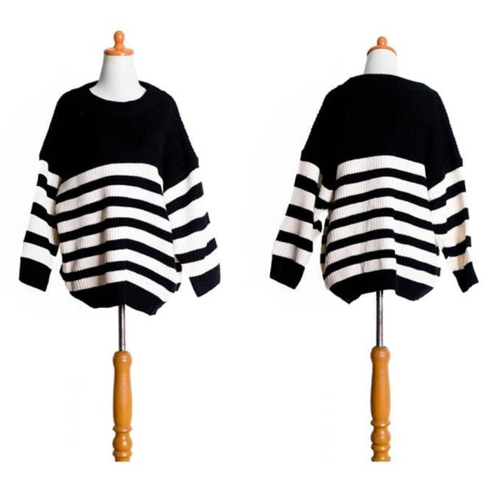 Jual AB963609 Knit Sweater Rajut Garis Hitam Putih Wanita Korea Import ...