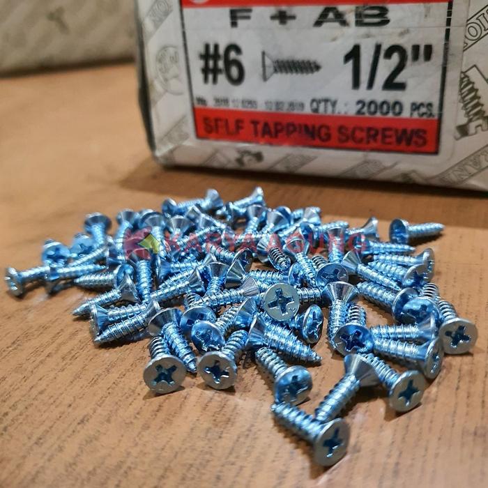 Jual [1 box] Skrup Tapping 6 x 1/2" 1 cm / Sekrup Taping Kepala Rata ...