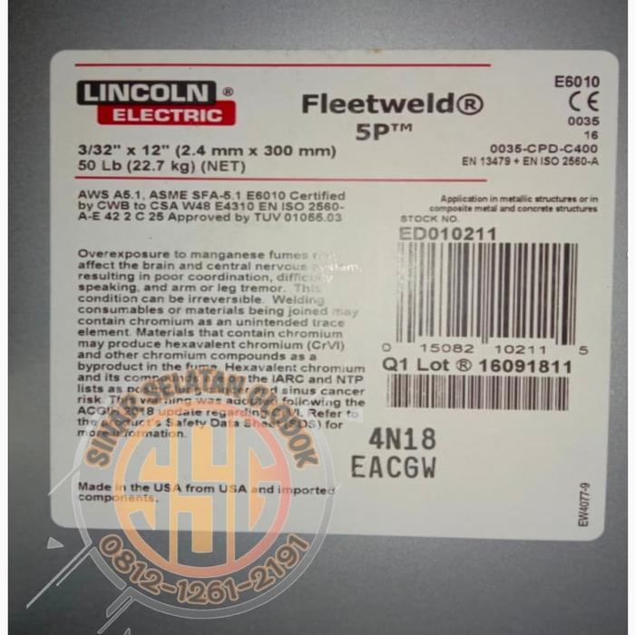 Jual Welding Electrode LINCOLN USA Fleetweld 5P E6010 2.4 x 300mm x 50 ...