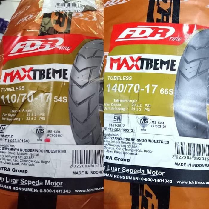Jual Ban Motor FDR 110/70-17 dan 140/70-17 Paket Maxtreme Tubeless ...