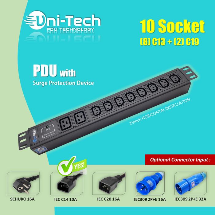 Jual PDU 10 Outlets Socket C13 Plus C19 with Surge Protection, Input ...