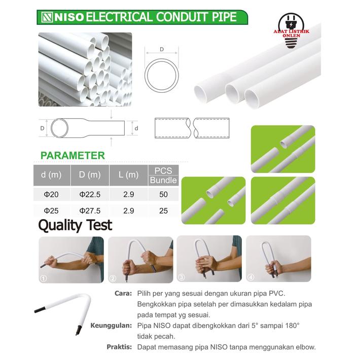 Jual PIPA CONDUIT NISO 20MM 2.9 M / 20 MM LISTRIK PVC / MURAH PUTIH ...