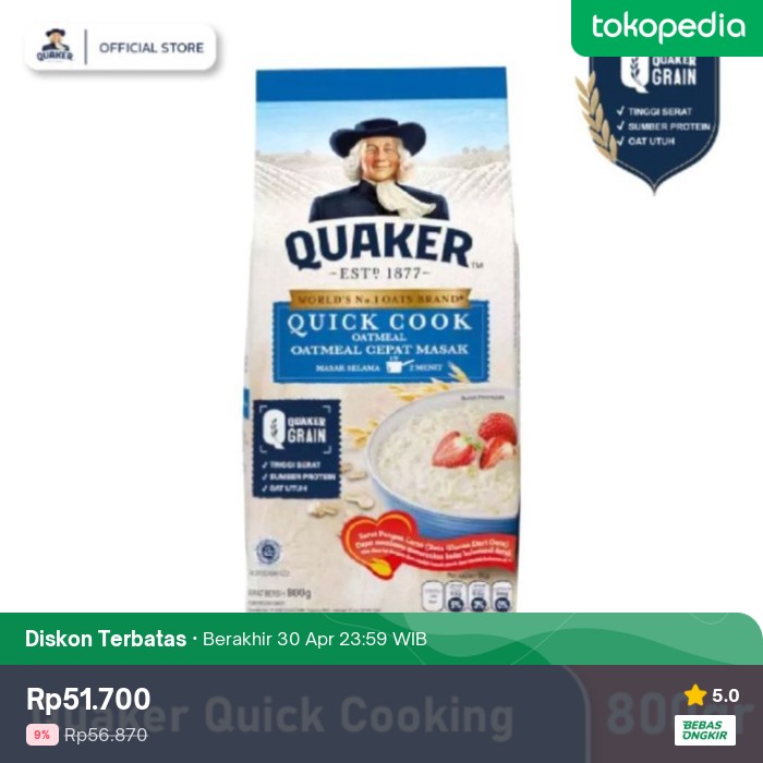 Quaker Quick Cooking Oatmeal 800 Gr - Rp51.700