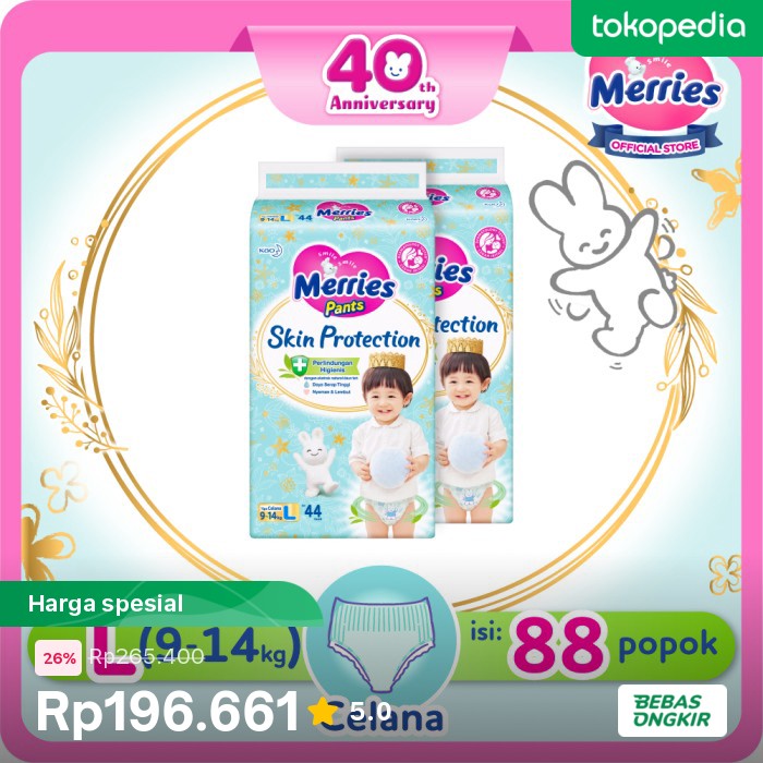 Merries Skin Protection L44 Twinpack - Popok Bayi Celana (9-14)kg ...